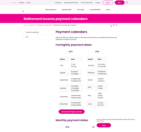 Retirement income payment calendars
